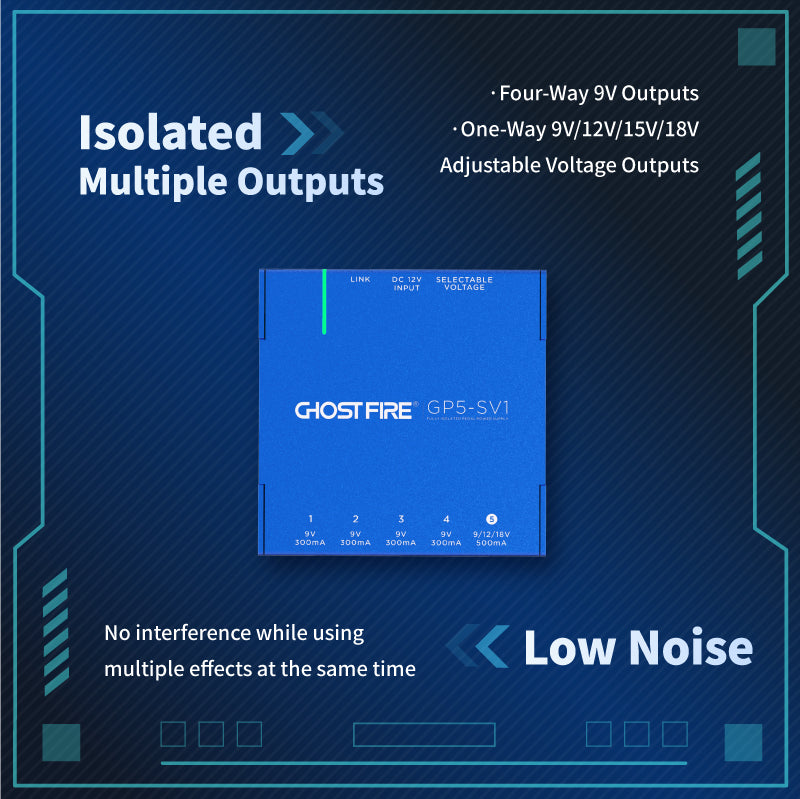 GHOST FIRE GP5-SV1 絶縁型ペダル電源 – ギターエフェクト用の短絡保護機能付き 5 つの独立出力 🎸 – Ghost Fire Audio